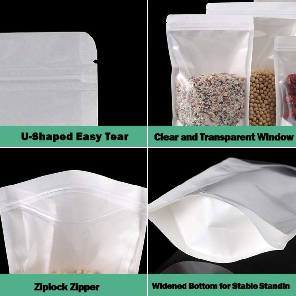 Quality Customizable White Kraft Paper Stand-up Pouches With Window For Food Packaging for sale