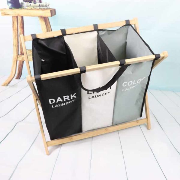 Quality Breathable Moistureproof 3 Bin Laundry Hamper Bamboo Frame Washable Lightweight for sale