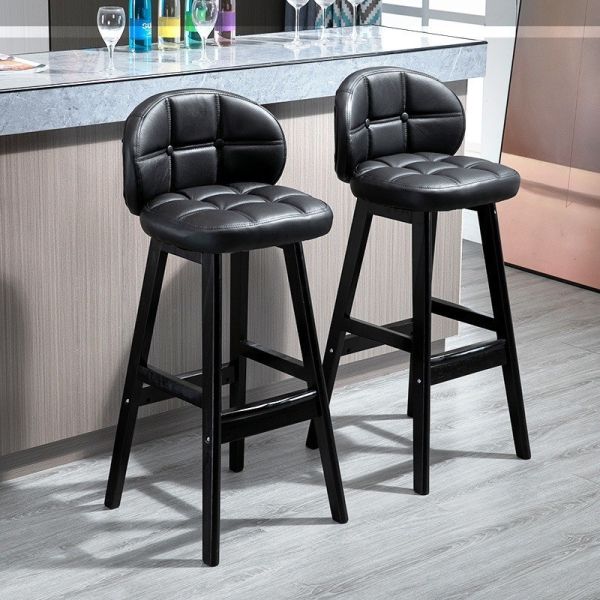 Quality Black Bar Stools Set of 2 Accent Wooden Back Counter Height Stool Fabric Upholstered Design Mail Packing PU Cushioned Seat for sale