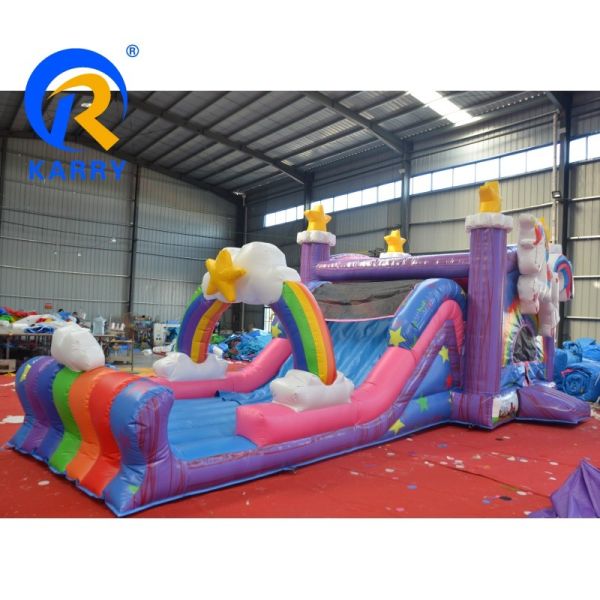 Quality PVC Rainbow Unicorn Inflatable Bouncer House with Inflatable Pool Slide and 3 in for sale