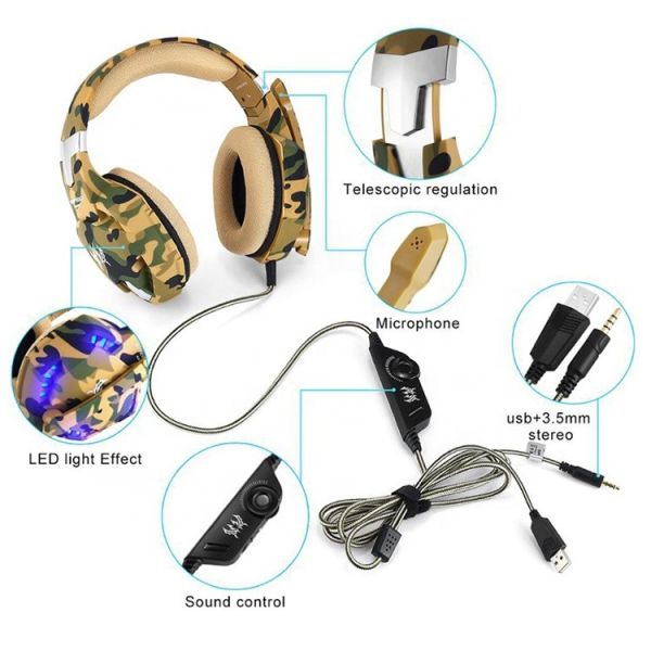 Quality 2.2kohm Wired Kotion Each G2600 Camo Gaming Headset for sale