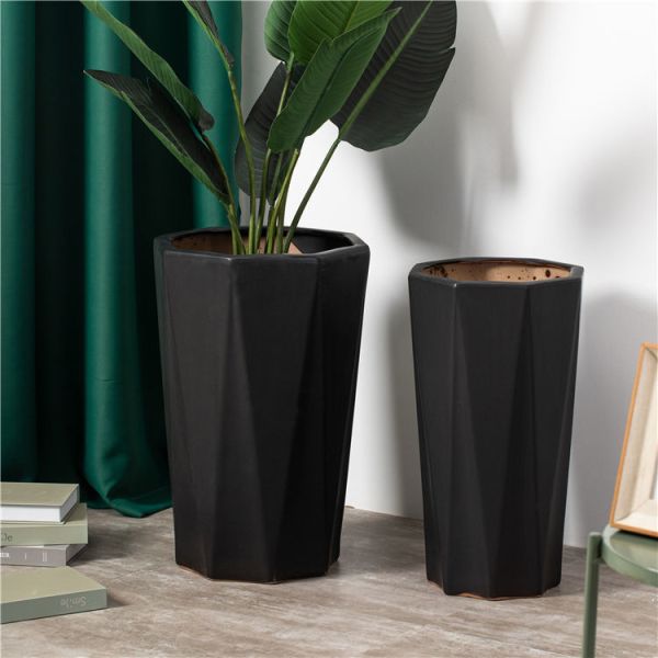 Quality Minimalism tall gardening black planter outdoor garden home balcony decor ceramic flower plant pot for sale