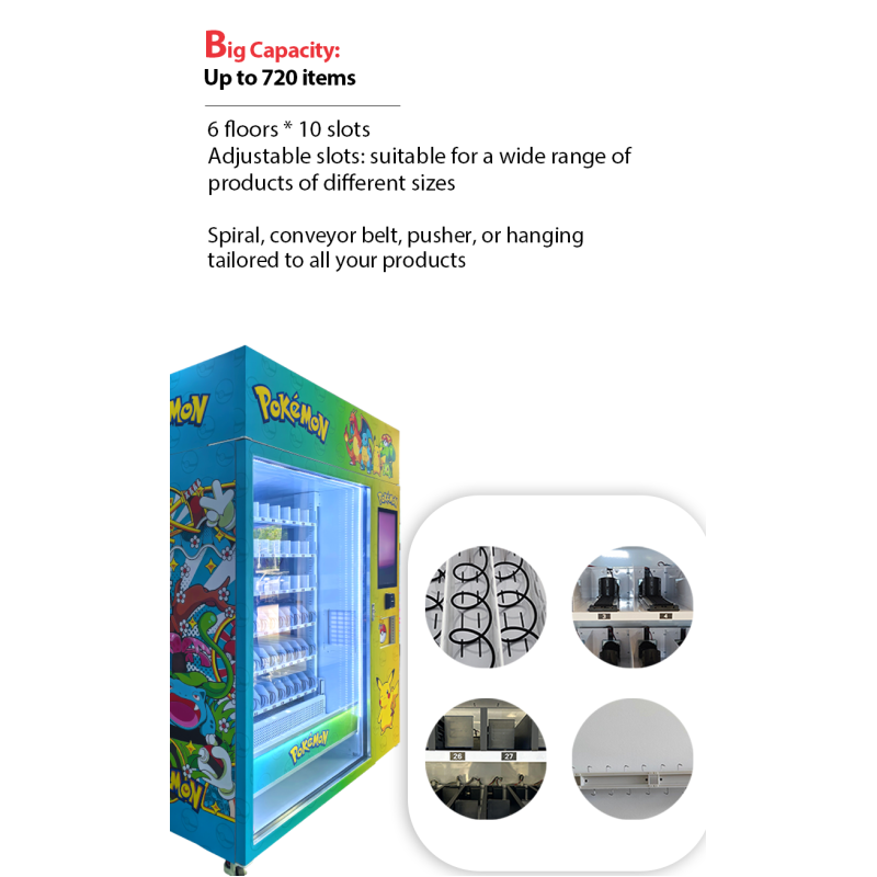 This pokemon vending machine has a big capacity, can sell approximate 720 products, and you can choose 4 different types of slots for your product: spiral, pusher, conveyor belt, hanging.
