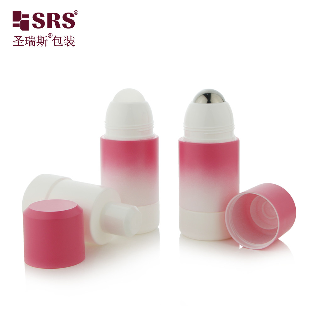 RPPE(S)-50ml 75ml Gradient coating spraying peach pink white refillable deodorant gel roller bottle with big steel metal massage ball packaging