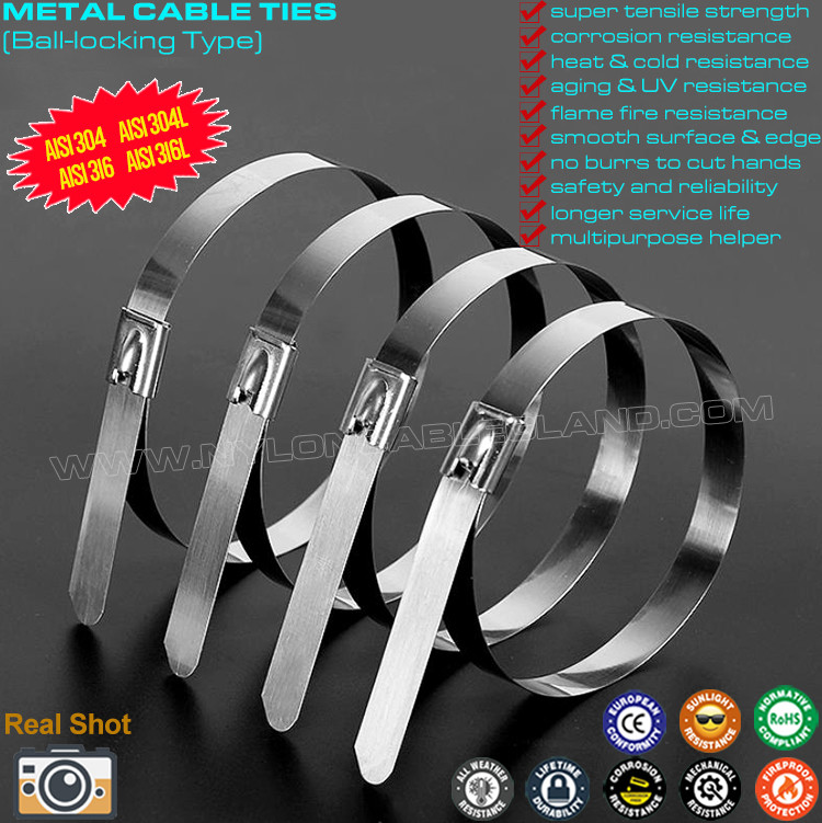 SS316L, SS316, SS304 Uncoated Stainless Steel Ball-lock Cable Ties Self-locking Metal Zip Ties for Harsh Envinroment