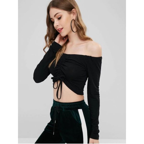 Quality Women Off Shoulder And Long Sleeve Drawstring Front Crop T-shirt for sale