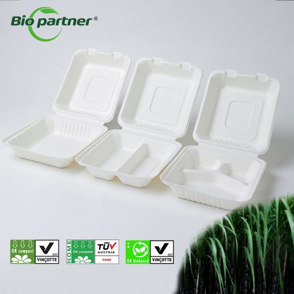 Quality Disposable Sugarcane Bagasse 3 Compartment Lunch Box Food Container Pulp Hinge Hamburger Box for sale