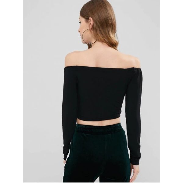 Quality Women Off Shoulder And Long Sleeve Drawstring Front Crop T-shirt for sale