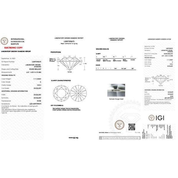 Quality Synthetic 1.11CT H VVS2 3EX CVD Lab Grown Diamond Round Cut IGI Certificated for sale