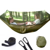 Quality Automatic Quick Opening Lightweight Army Green 210T Nylon Hammock 250*120CM With Mosquito Net For Outdoor Camping for sale