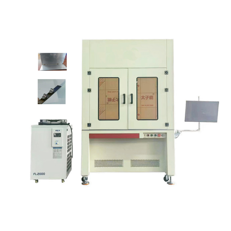 Fully Enclosed Double-End Laser Welding Machine showing dual welding heads and safety enclosure
