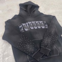 Quality Heavyweight Acid Wash Distressed Print Rhinestone Hoodie for Men Custom Solid for sale