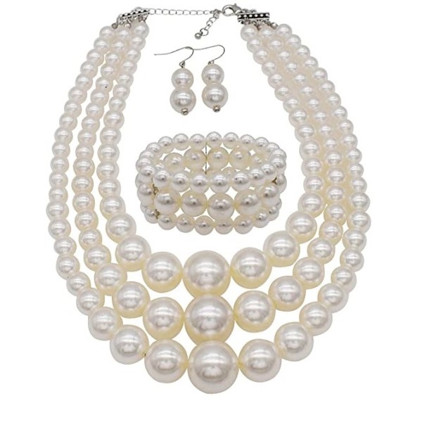 Quality Large Big Pearl Necklace and Earring Set Multi Strand Pearl Necklace Costume Jewelry Chunky Pearls Necklaces for Women for sale