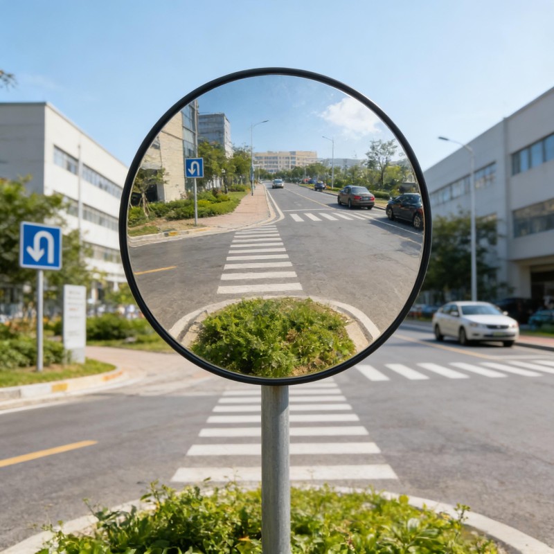 Acrylic convex mirror installation in parking garage showing wide-angle visibility