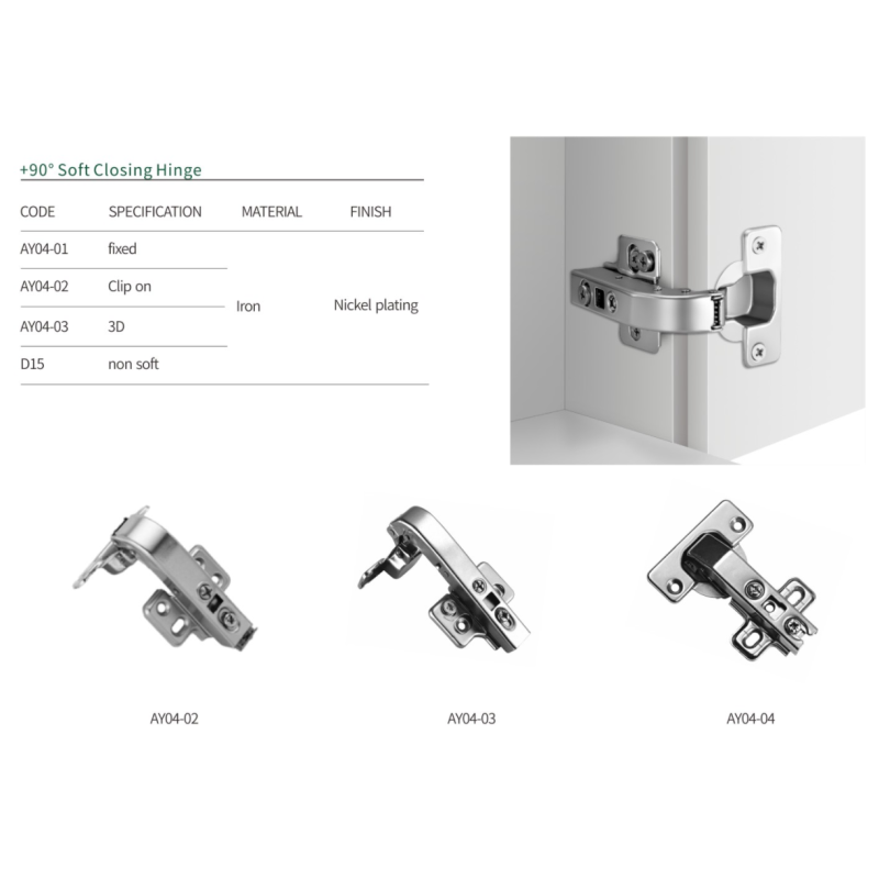AY04 NISKO 90° Soft Closing Nickel Plating Clip on Metal Hinge details