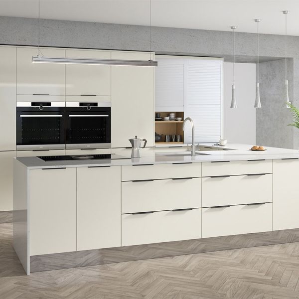 Quality Complete Glossy Melamine Board Kitchen Cabinet Set with Flat Edge Countertop for sale