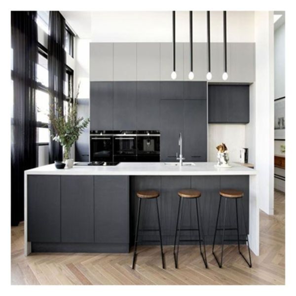 Quality CAD/3D Freely Light Grey Matte Lacquer Solid Wood Kitchen Cabinets with Centre for sale