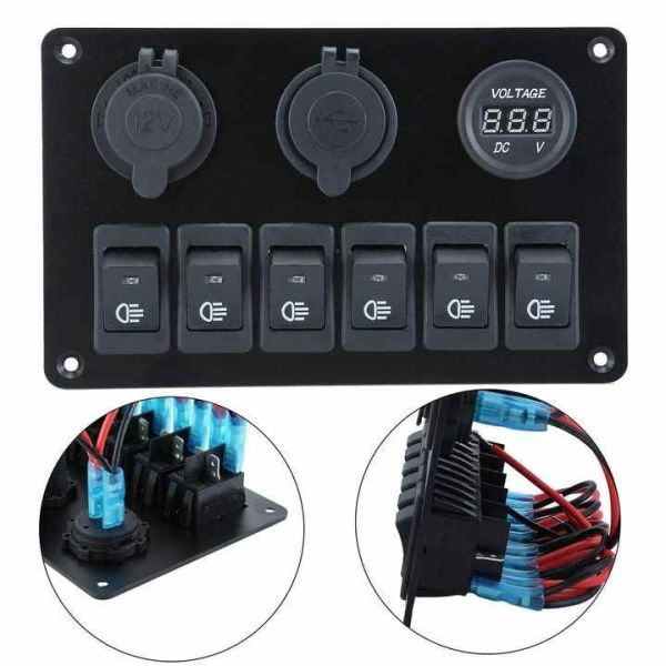 Quality Dual USB LED Voltmeter 6 Gang Marine Switch Panel DC12V/24V Compact for sale
