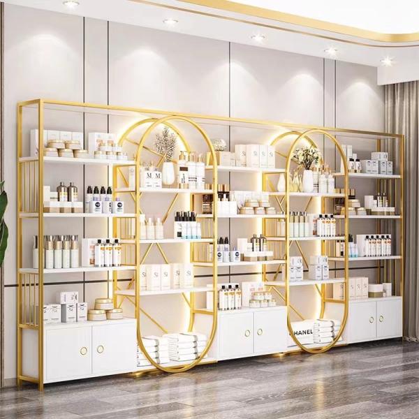Quality Versatile Cosmetic Luxury Display Cabinets MultiLayer Marble Shelving Golden for sale