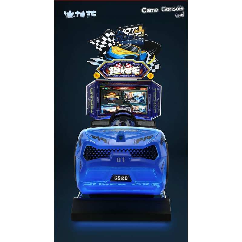 Child playing the racing game machine