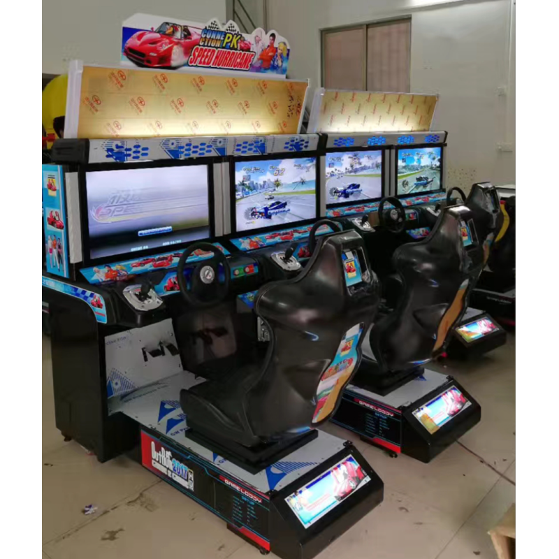 Close-up of racing game controls and steering wheel