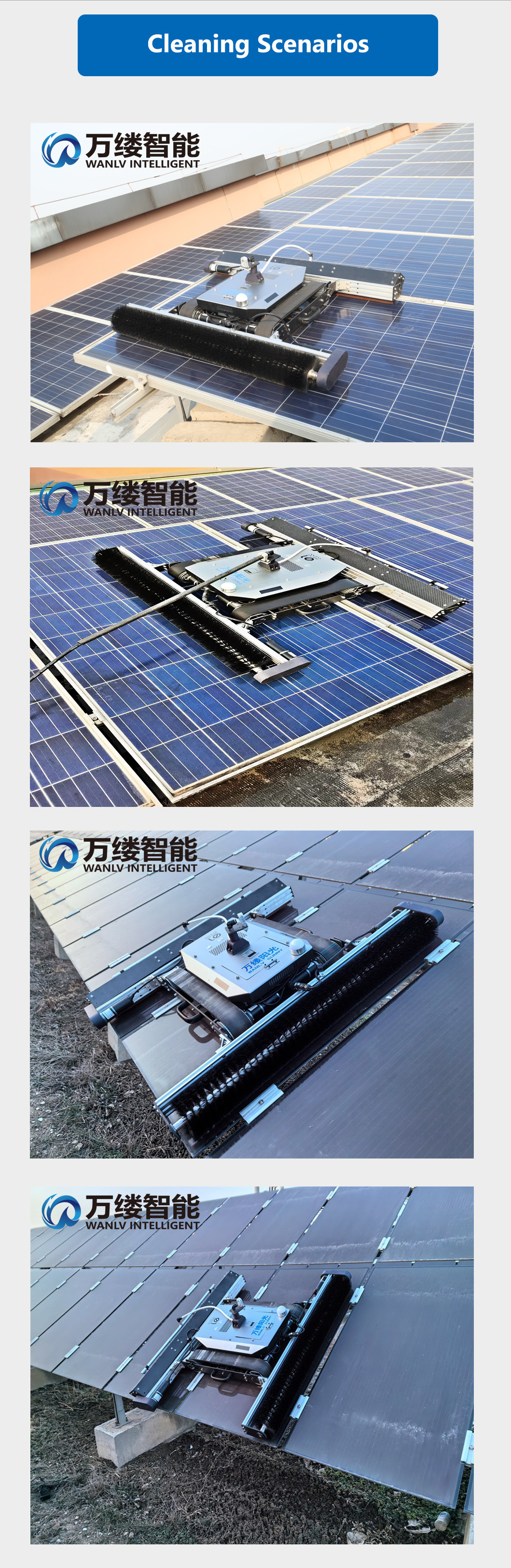 Innovative Ai-Powered Cleaning Robot with Rolling Brush Heads and High-Pressure Nozzles for Quick Removal of Dust, Dirt, etc on The Solar Panel