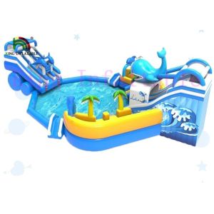Quality Fire Retardant Commercial Blue Shark portatble Blow Up Water Park With Slide and for sale