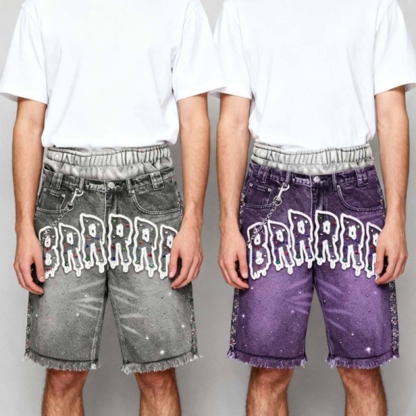 Quality Customizable Oversize Men's Vintage Denim Shorts Manufacturer Straight Embroidered Rhinestone Decoration Summer Jorts Shorts Men for sale