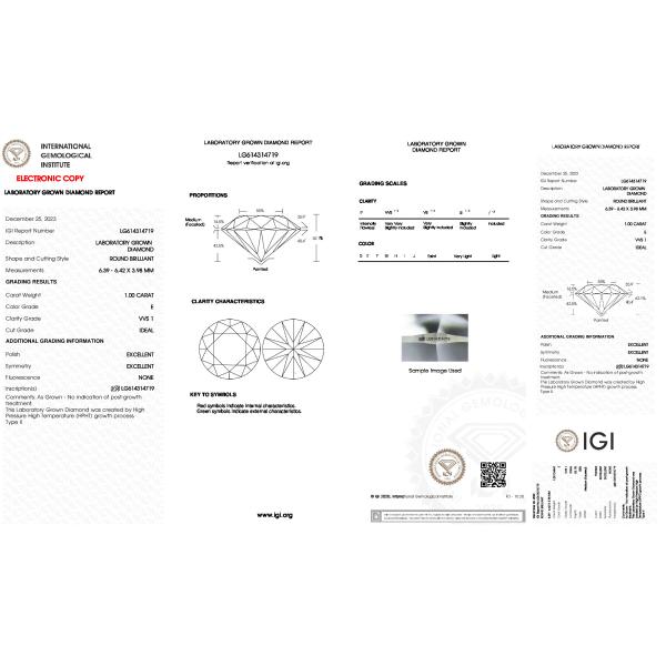 Quality 1.09CT E VVS1 ID EX HPHT Lab Grown Diamond Round Cut IGI Certificate LG614314719 for sale