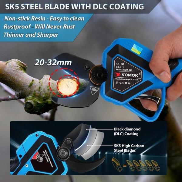 Quality KOMOK Electric Tree Pruning Shears With SK5 Blades 2pcs 2000mAH Battery for sale