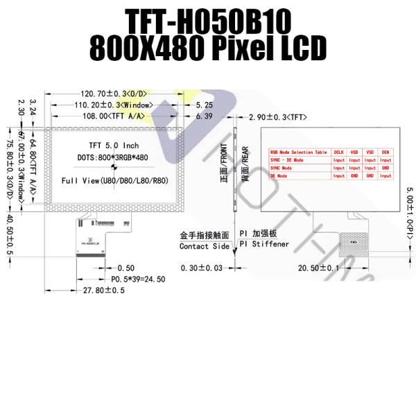 Quality 5 Inch High - Brightness TFT LCD | RGB Interface IPS Display For Industrial for sale