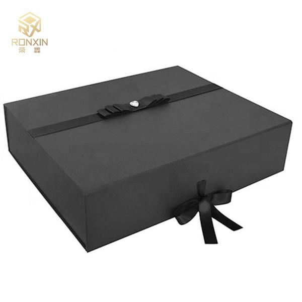 Quality Luxury Rectangular Paperboard Foldable Gift Boxes With Ribbon Black for sale