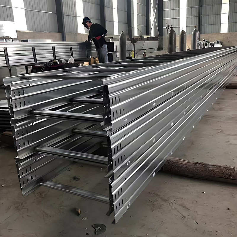 Galvanized ladder type cable tray showing trapezoidal structure
