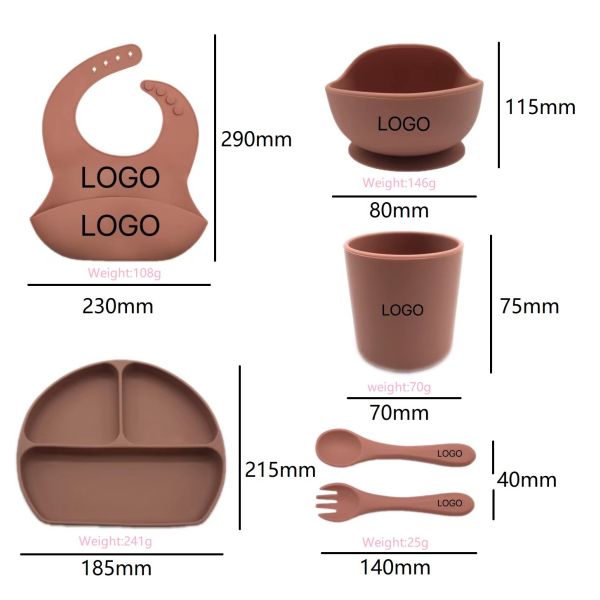 Quality Portable Silicone Tableware Baby Feeding Set With Plate Feeding Spoon Cup Bowl Bib for sale