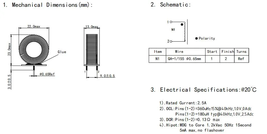 2.5A Rated Current Input Common Mode Choke Inductor for PCB Motor Controller
