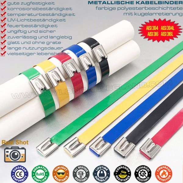 Quality Colored Epoxy Coated 304 Stainless Steel Cable Tie 12x300mm, Polyester Coated 316 Stainless Metal Zip Tie Wrap 490 lbs for Pipes for sale