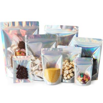 Quality 0.5OZ Holographic Stand Up Pouch Silver ziplockk Foil Bag Pouches With Tear for sale