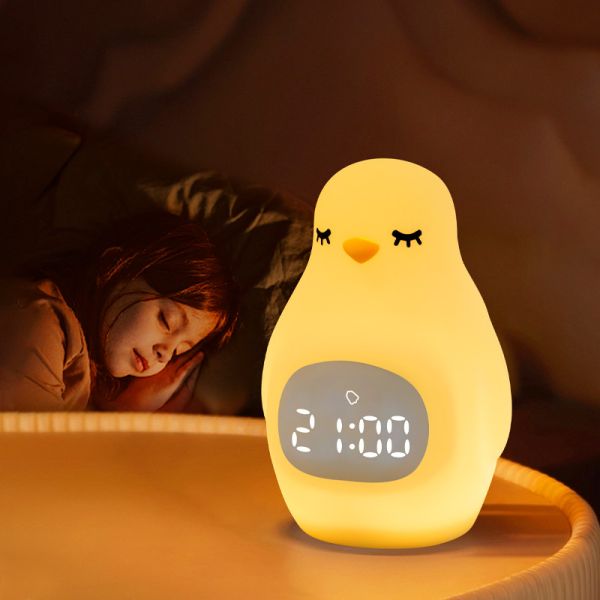 Quality Penguin Silicone Night Light Digital Alarm Clock Table Clock Warm Light Bedside for sale