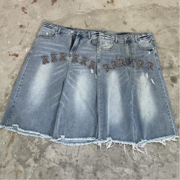 Quality Manufacturer Streetwear Acid Washed Rhinestone Baggy Running Shorts Men Custom Hems Jorts Denim Jeans Knee Cargo Shorts for sale