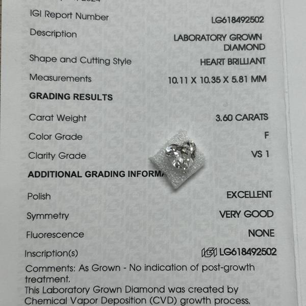 Quality 3.6ct Lab Made Diamonds Heart Brillant Cut CVD F VS1 2EX N IGI LG618492502 for sale