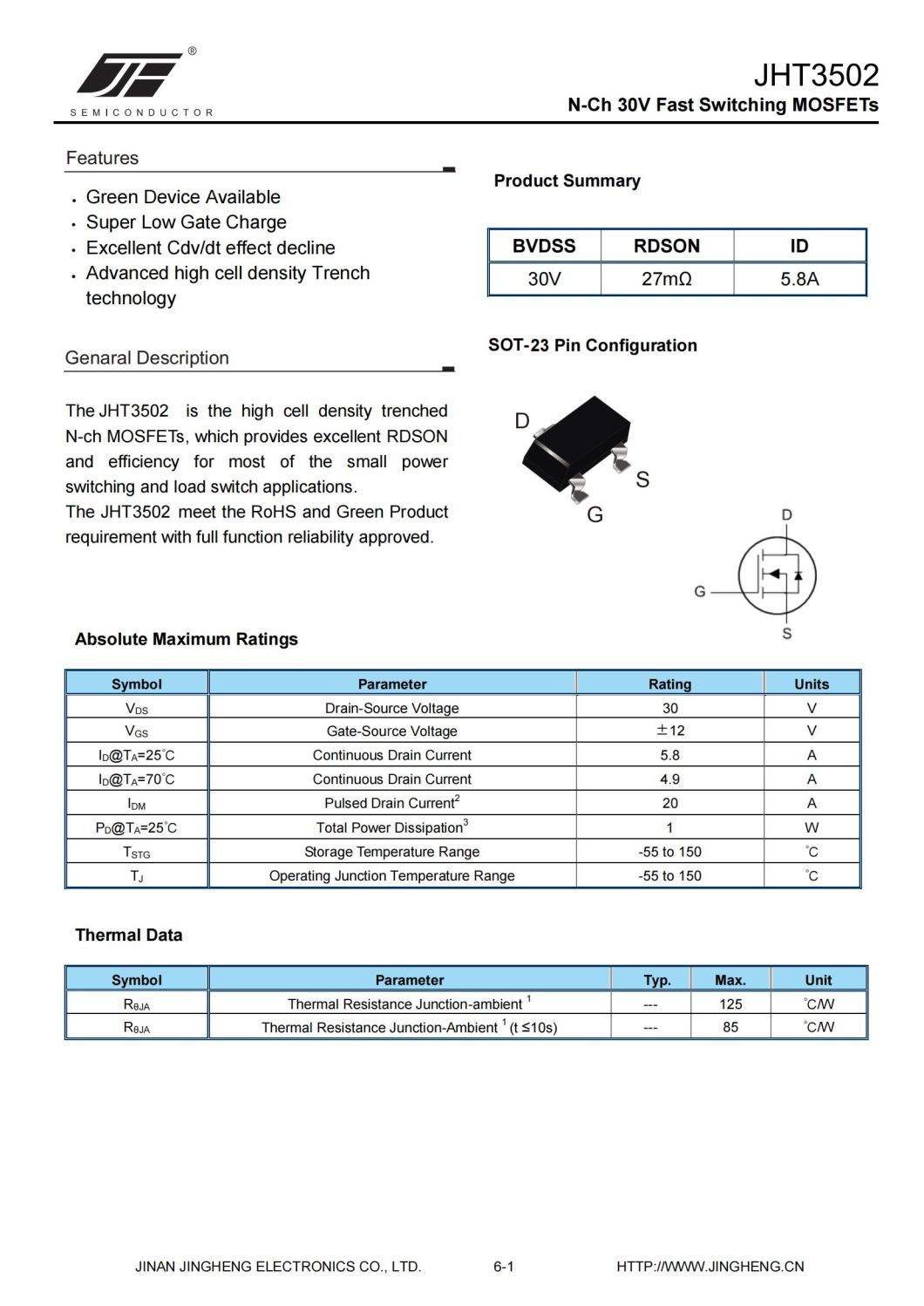 JHT3502 N-Channel 30V Fast Switching MOSFET With SOT-23 Package