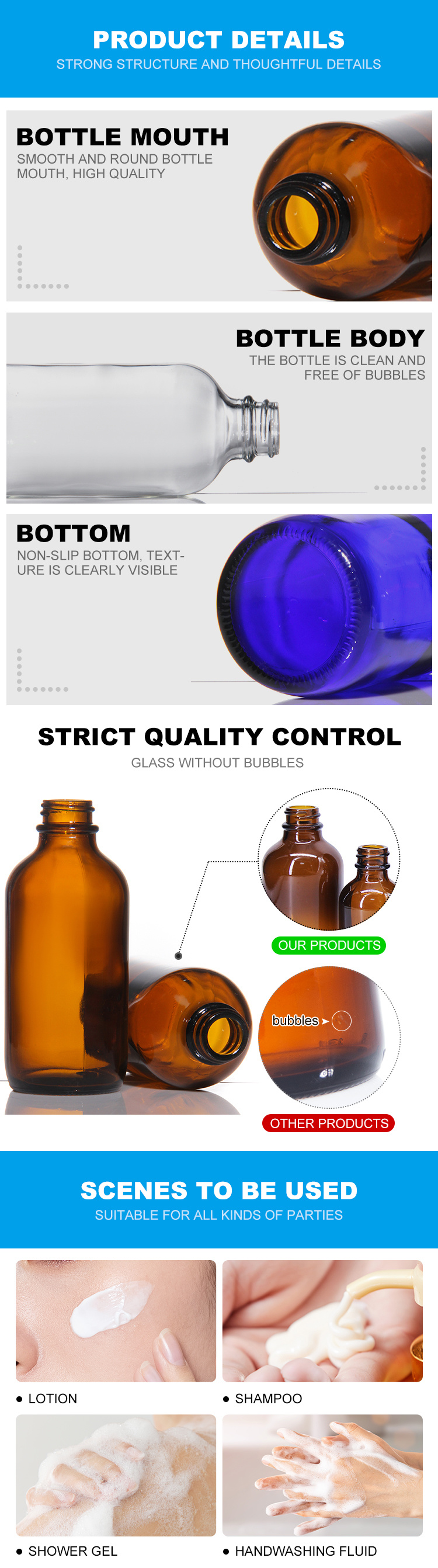 Free Sample 15ml 30ml 60ml 120ml 250ml 500ml 1000ml Glass Boston Round Bottle with Black Polycone Cap