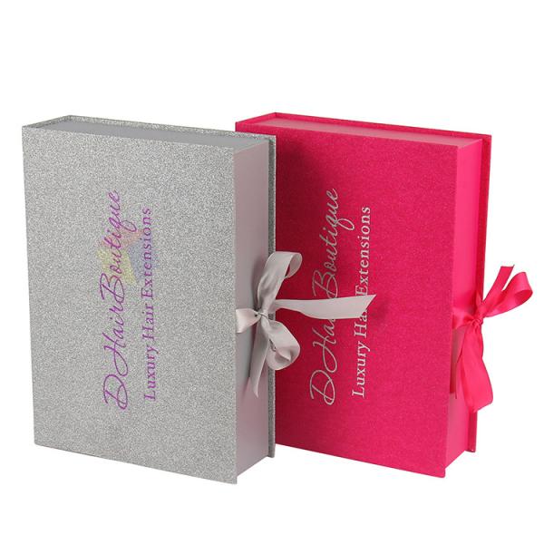 Quality Foil Logo Silver Glitter Paper Custom Wig Packaging Boxes Luxury With Ribbon for sale