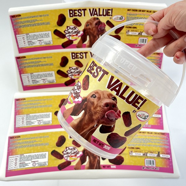 Quality Custom Printing Synthetic Waterproof  Vinyl  Labels Dog Sausage Food Adhesive Packaging Label Sticker 2024 for sale