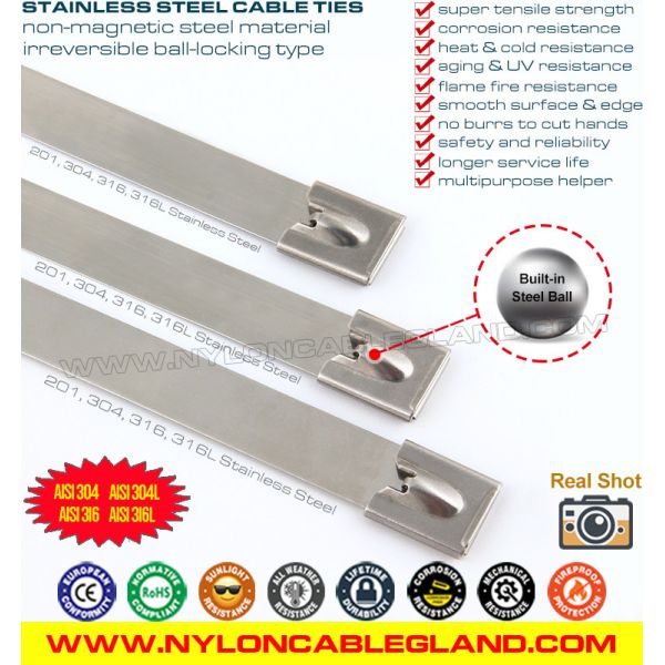 Quality 316, 304 Stainless Steel Cable Tie Wrap, 490 lbs Metal Zip Tie Strap Versatile Ball-Lock Cable Zip Tie 100~1000mm x 7.9mm for Vehicles for sale