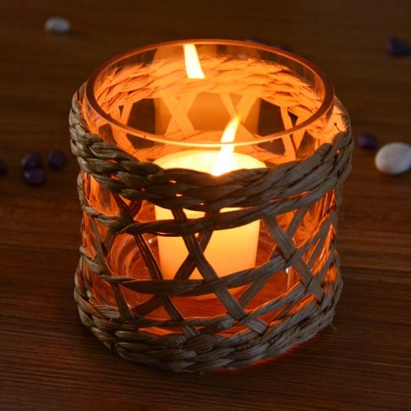 Quality Round Creative Glass Candle Holders With Wicker Sleeve for sale