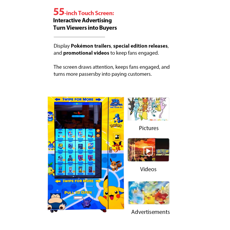 This pokemon vending machine has a 55-inch full touch screen