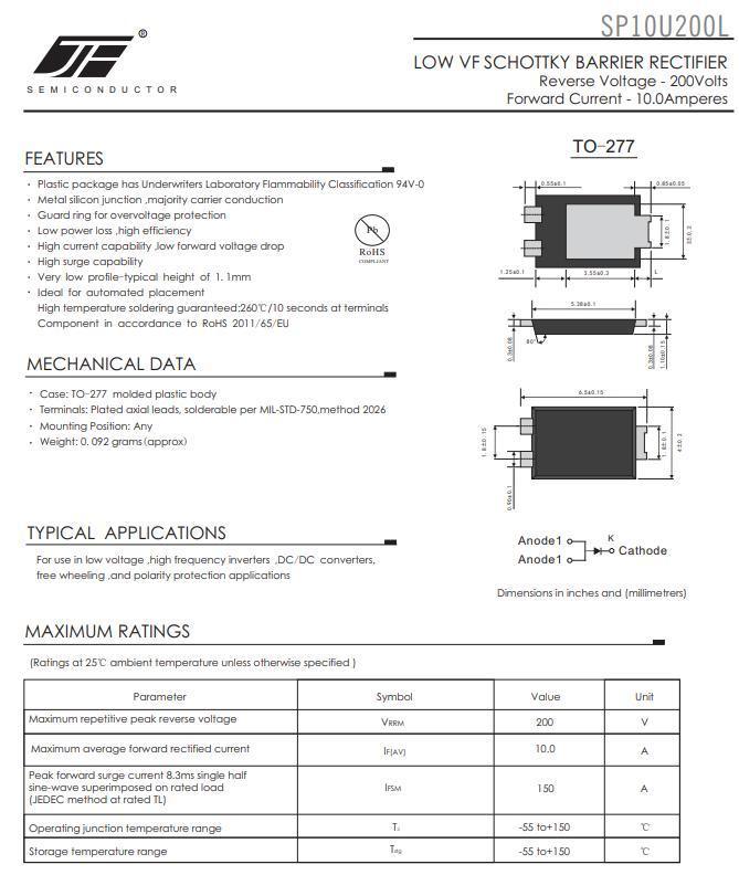 TO-277 Package SP10U45L/SP10U80L/SP10U100L/SP10U150L/SP10U200L 10A Current Low Vf Schottky Diode