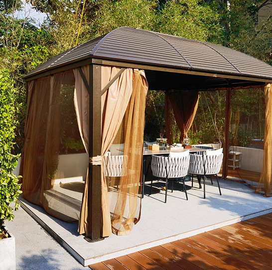 Quality Aluminum Frame Galvanized Steel Double Roof HardTop Gazebos With Curtains for sale