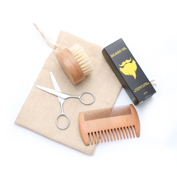 Quality Natural Hard Boar Bristle Wood Beard Brush Set for Men's Hair Grooming Kit for sale